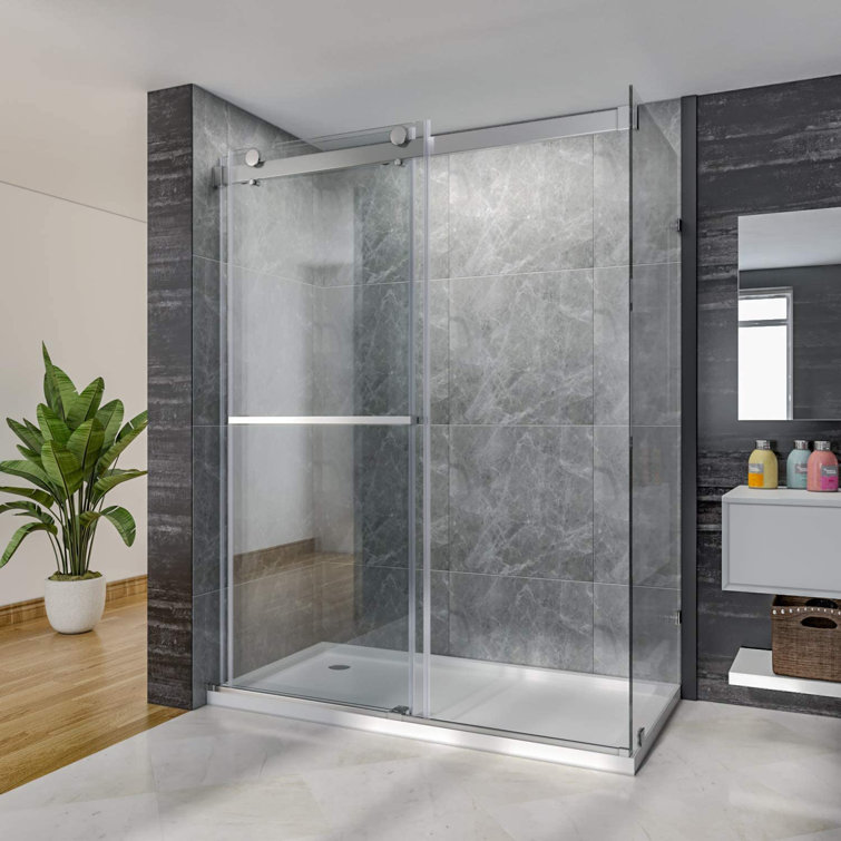 VTI 60" W x 34" D x 76" H Frameless Rectangle Double Sliding Shower Enclosure with Towel Bar ...
